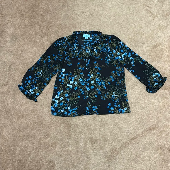 CeCe | Tops | Cece Blue Floral Print Button Front Blouse Top | Poshmark